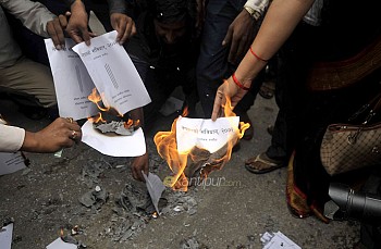 Madhesi parties torch copies of constitution draft
