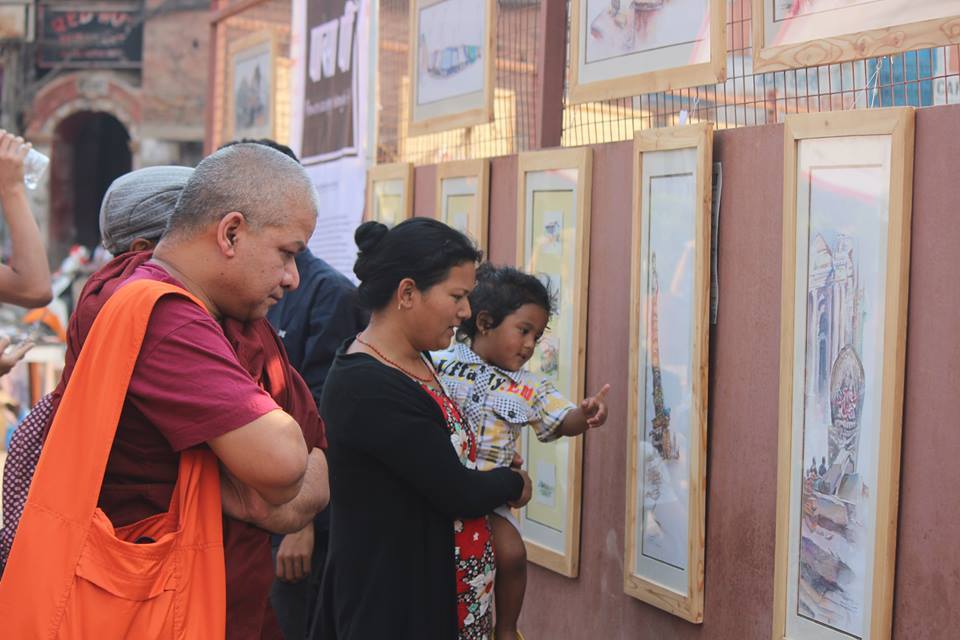 Paintings featuring post-earthquake landscapes on display