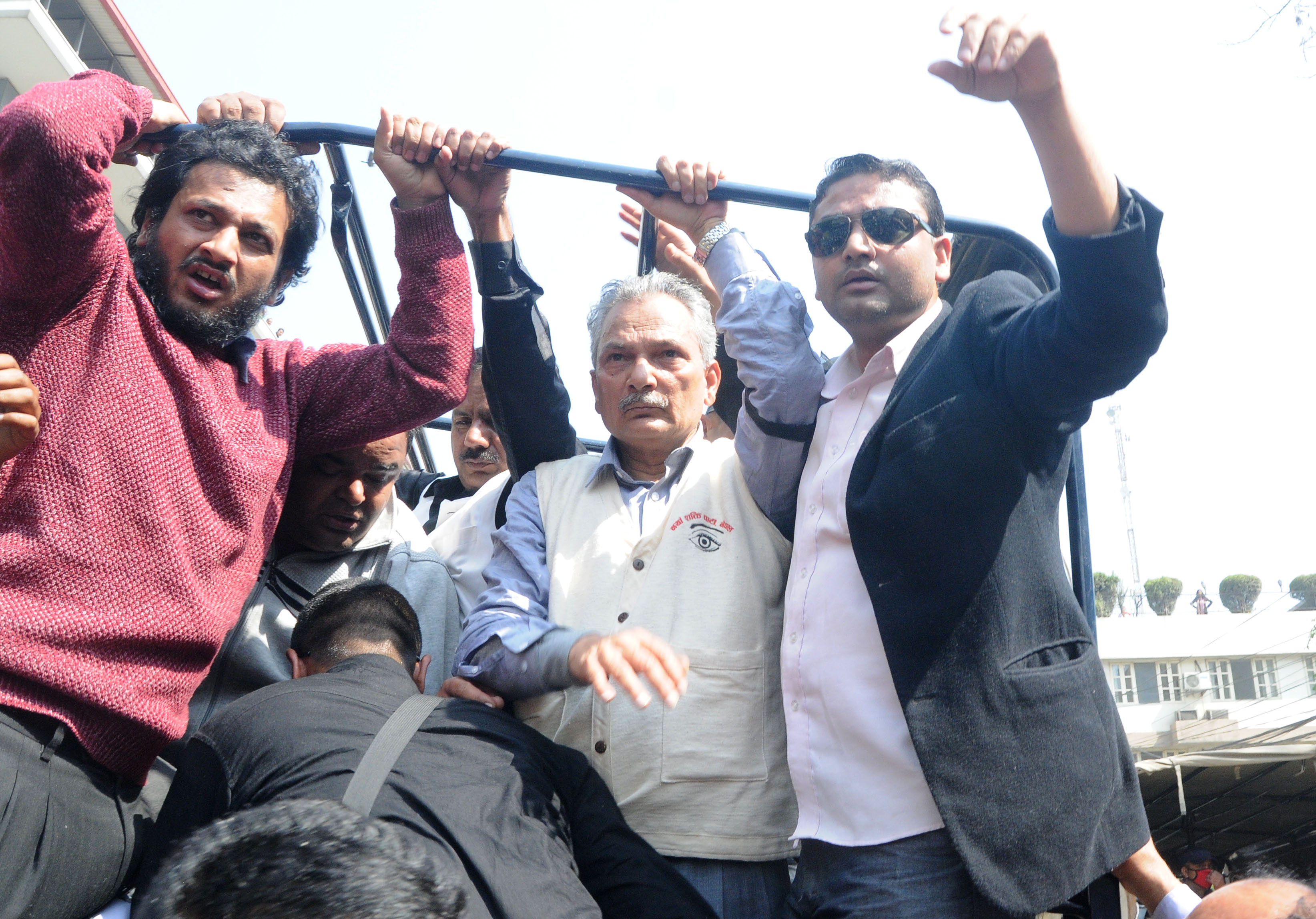 Bhattarai, among other leaders, held from outside EC office (in photos)