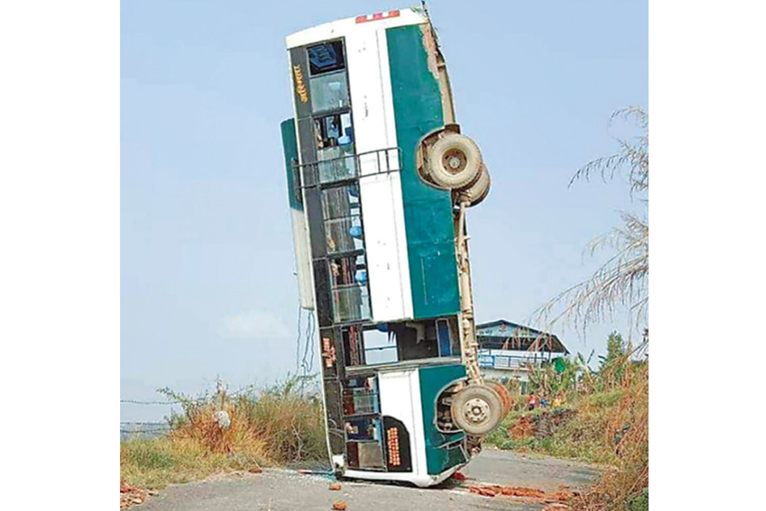 Passenger bus lands vertically after accident in Pokhara