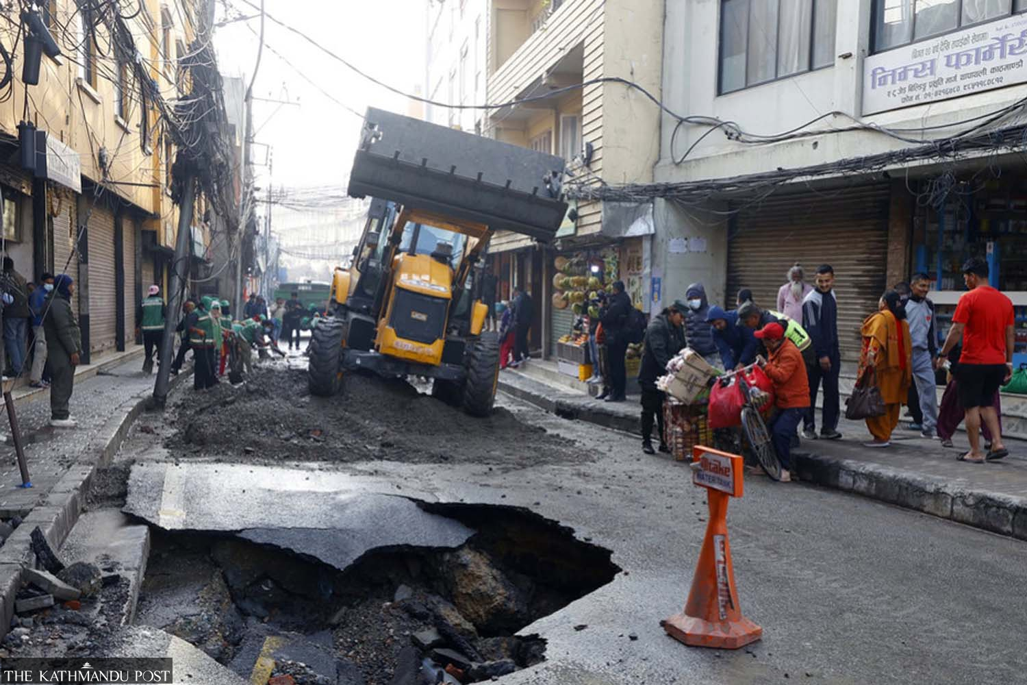 Melamchi water pipeline bursts in Thapathali, causing road collapse